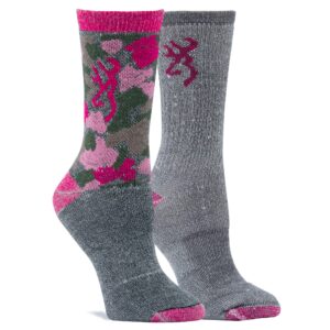 browning women's everyday wool camo socks | fuchsia camo | gray marl fuchsia | medium 2 pack