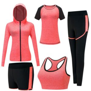 ZETIY Women's 5pcs Sport Suits Fitness Yoga Running Athletic Tracksuits (XL, Orange)