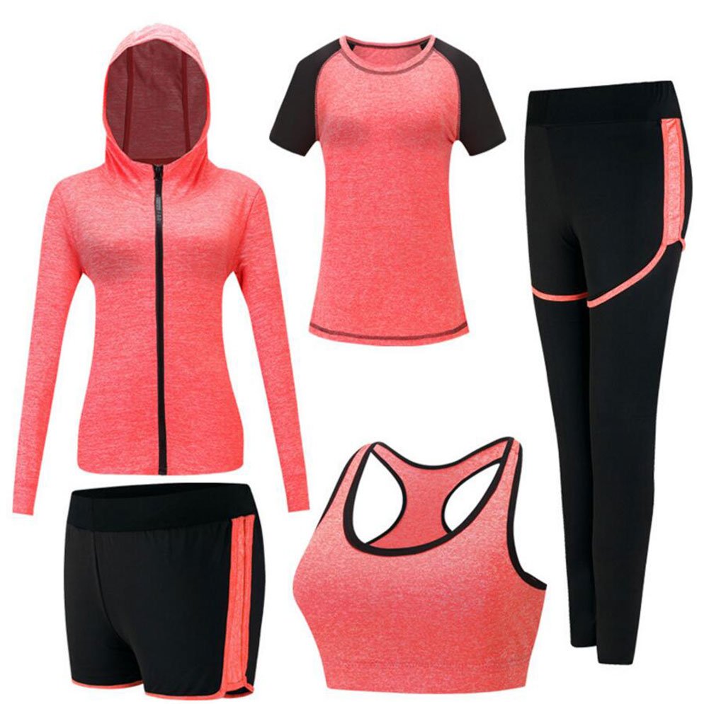 ZETIY Women's 5pcs Sport Suits Fitness Yoga Running Athletic Tracksuits (XL, Orange)