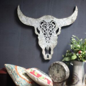 PARISLOFT Metal Galvanized Bull Skull Head Wall Decor 3D Faux Cow Skull Sculpture Decoration,Rustic Wall Decor 20''x1.1''x18''