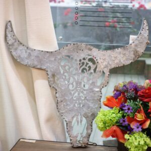 PARISLOFT Metal Galvanized Bull Skull Head Wall Decor 3D Faux Cow Skull Sculpture Decoration,Rustic Wall Decor 20''x1.1''x18''