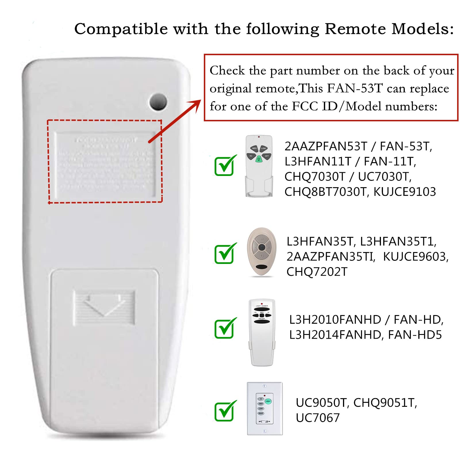 FAN-53T Ceiling Fan Remote Control Replacement for Hampton Bay Hunter Harbor Breeze Allen+Roth Replace 2AAZPFAN53T CHQ8BT7030T CHQ7030T UC7030T FAN53T FANHD L3HFAN35T (White 2 * 5 * 1INCH)