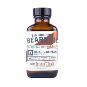 duke cannon big bourbon beard oil - 3 oz | premium organic blend with apricot kernel, argan, and jojoba oils | infused with a hint of buffalo trace bourbon for a woodsy, oak barrel scent