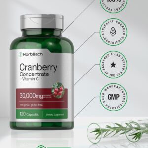 Horbäach Cranberry Concentrate Extract Pills + Vitamin C | 30,000mg | 120 Capsules | Triple Strength Ultimate Potency Formula | Non-GMO and Gluten Free Supplement