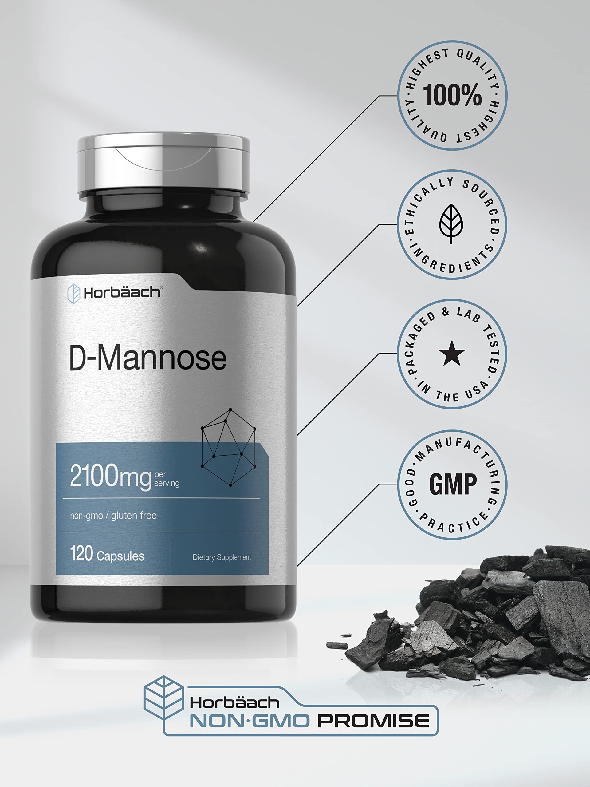 Horbäach D-Mannose | 2100mg | 120 Capsules | Highest Potency | Non-GMO & Gluten Free Supplement