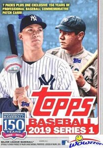 2019 topps series 1 mlb baseball exclusive factory sealed retail box with 98 cards & special mlb 150th anniversary commemorative patch! loaded with rookies & inserts! look for autos & relics! wowzzer!