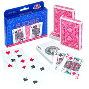 brybelly euchre card game - 2 specialty decks pre-stripped to 33 cards for classic american euchre or 32 card 6-player variant - custom bower jacks card art and blank counter cards included