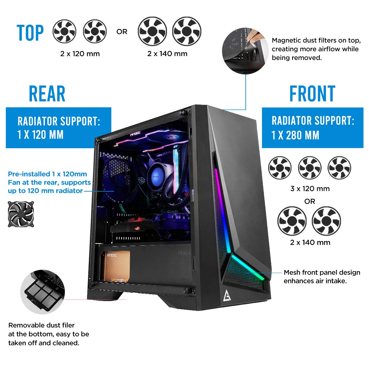 Antec Dapper Dark Phantom DP301M Black Steel/ARGB Lighting/Tempered Glass Side Panel Compact Micro-ATX Gaming Case