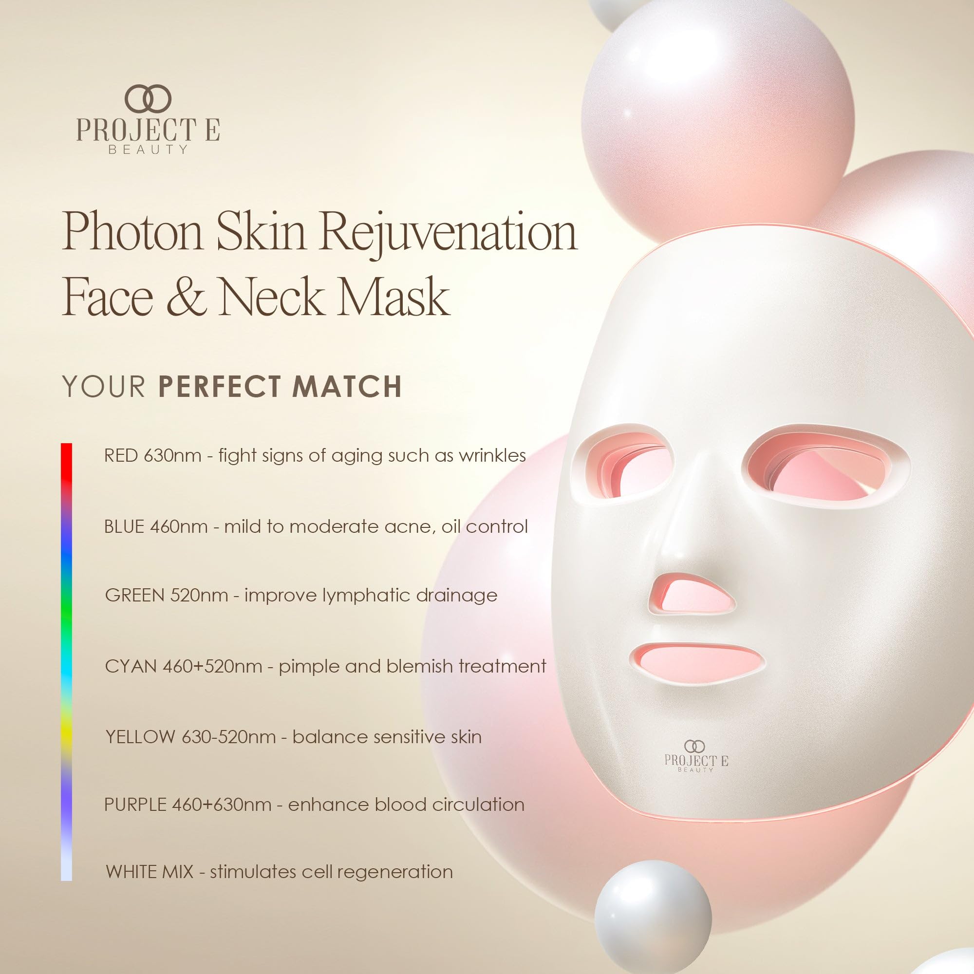 Project E Beauty LED Light Therapy Mask | LED Face & Neck Mask | Skin Rejuvenation | 7 Colors | Anti Aging | Reduce Wrinkles | Anti-inflammation | Brightening Skincare Mask