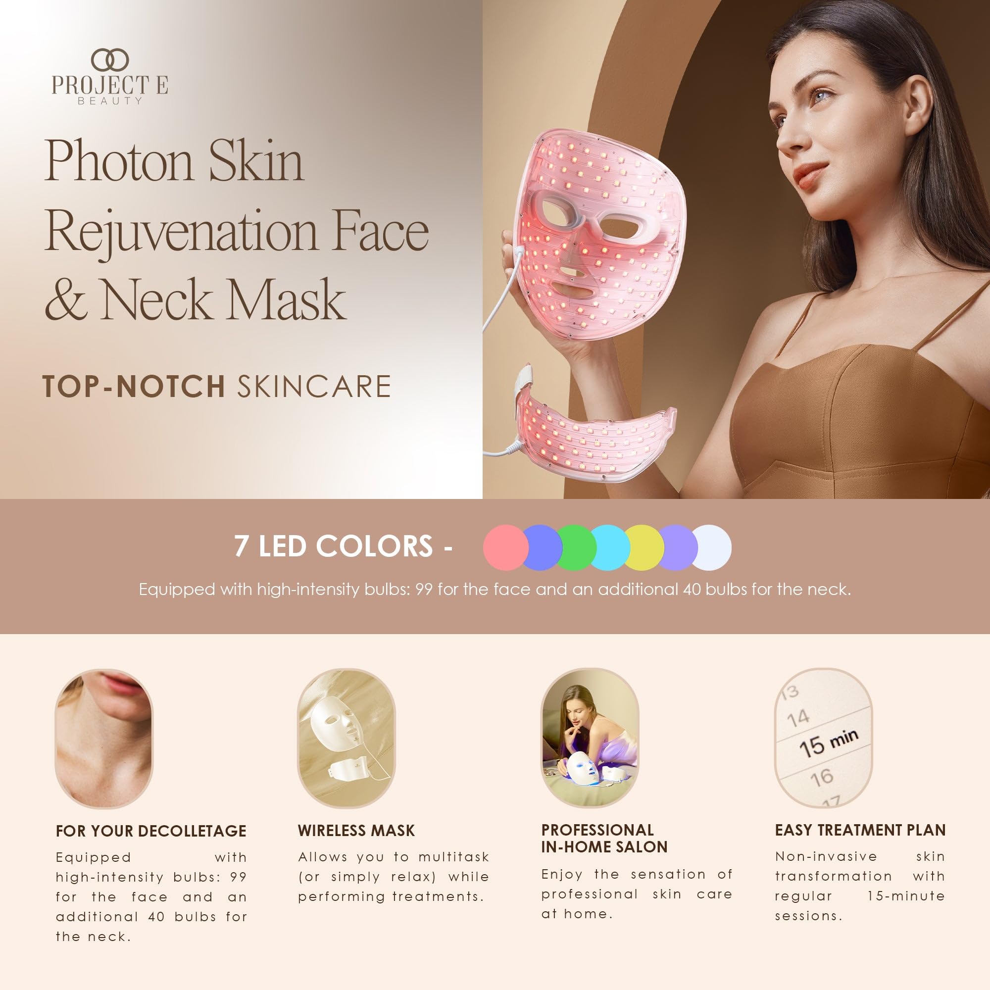 Project E Beauty LED Light Therapy Mask | LED Face & Neck Mask | Skin Rejuvenation | 7 Colors | Anti Aging | Reduce Wrinkles | Anti-inflammation | Brightening Skincare Mask