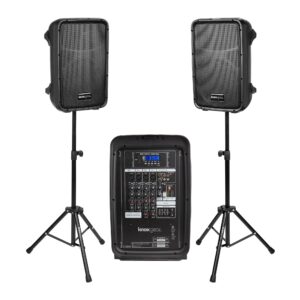 knox gear dual speaker and mixer set–portable 8” 300 watt dj pa system with wired microphone & tripod stands, amplifier, bluetooth, usb, sd, 1/4” line rca, xlr inputs, ideal for a party or event