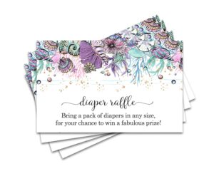 mermaid diaper raffle tickets, girls baby shower games for prizes, baby shower diaper raffle invitation insert cards, 25 pack