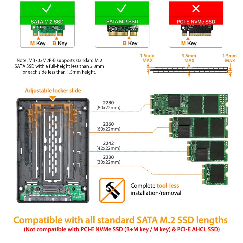 ICY DOCK M.2 SATA SSD to 2.5 inch SATA III SSD Enclosure Adapter Tool Free | EZConvert MB703M2P-B