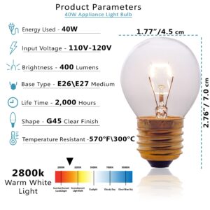 Oven Light Bulbs – 40 Watt Appliance Replacement Bulbs for Oven, Stove, Refrigerator, Microwave. High Temp G45 E26/E27 Socket. Standard Lead-Free Base - 400 Lumens – Warm White. 4 Pack