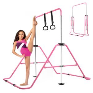 yeego direct gymnastics bar with rings, gymnastics bar for kids ages 3-12, foldable gymnastics bar, kids gymnastics bar expandable for home training kids gifts for grils boys（pink）