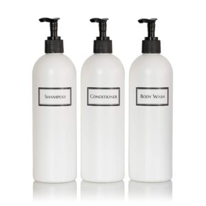 artanis home silkscreened empty shower bottle set for shampoo, conditioner, and body wash, cosmo/bullet 16 oz 3-pack, white (black pumps)