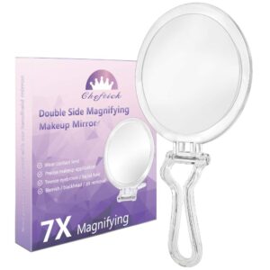 cheftick double sided hand held mirror - 1x & 7x magnifying travel makeup mirror with adjustable folding handle, portable, transparent & round (6")