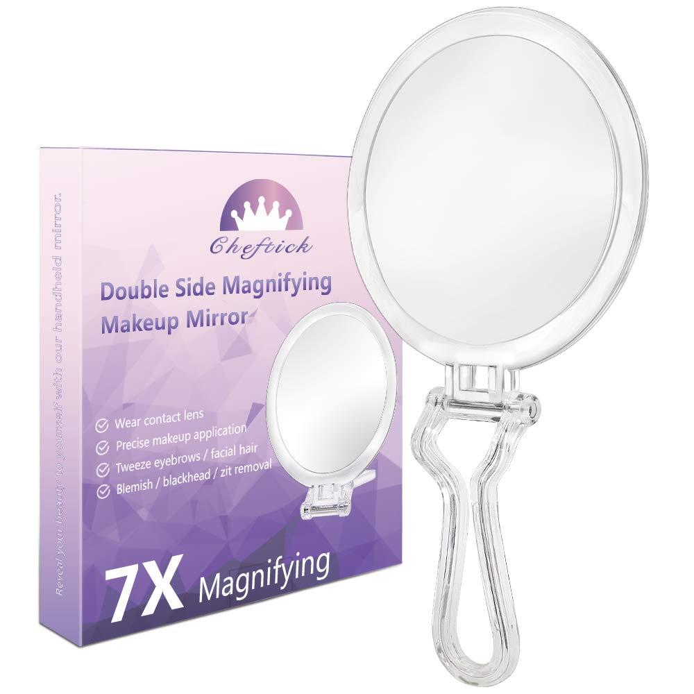 Cheftick Double Sided Hand Held Mirror - 1X & 7X Magnifying Travel Makeup Mirror with Adjustable Folding Handle, Portable, Transparent & Round (6")