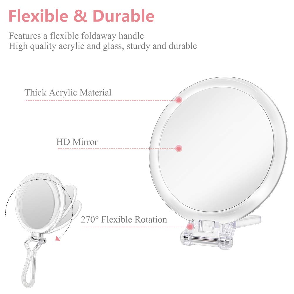 Cheftick Double Sided Hand Held Mirror - 1X & 7X Magnifying Travel Makeup Mirror with Adjustable Folding Handle, Portable, Transparent & Round (6")