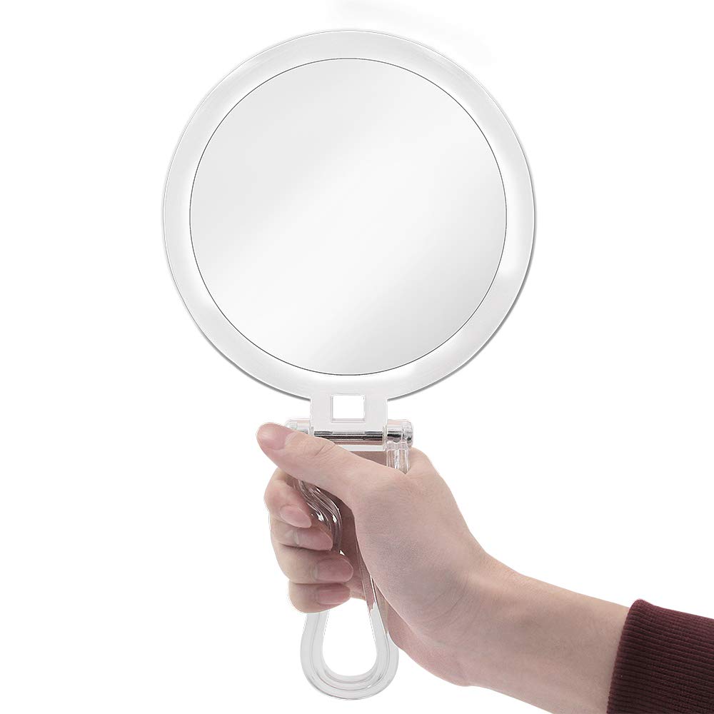 Cheftick Double Sided Hand Held Mirror - 1X & 7X Magnifying Travel Makeup Mirror with Adjustable Folding Handle, Portable, Transparent & Round (6")