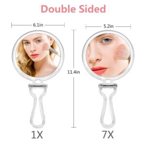 Cheftick Double Sided Hand Held Mirror - 1X & 7X Magnifying Travel Makeup Mirror with Adjustable Folding Handle, Portable, Transparent & Round (6")