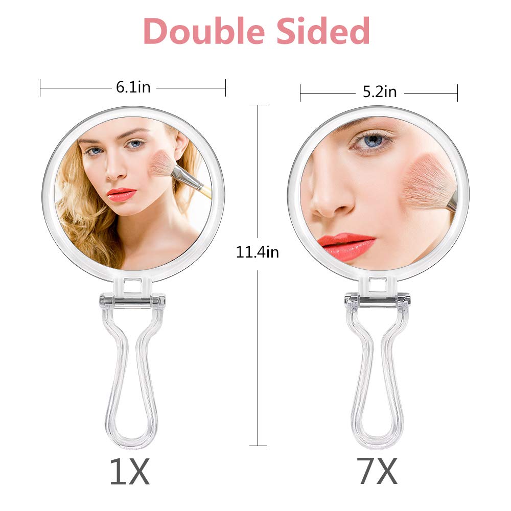 Cheftick Double Sided Hand Held Mirror - 1X & 7X Magnifying Travel Makeup Mirror with Adjustable Folding Handle, Portable, Transparent & Round (6")