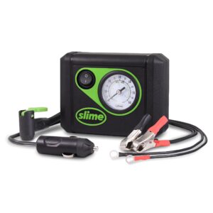 slime 40061 tire inflator, power sport, compact, lightweight, analog, motorcycles, atvs/utvs and cars, includes led light and twist connect hose, 12v and alligator clips, 12 min inflation