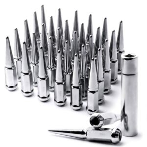 mikkuppa m14x1.5 wheel spike lug nuts, 32 pcs chrome spiked lug nuts 14mmx1.5 solid 4.4" tall acorn lug nut with 1 socket key replacement for chevy silverado 1500 2500 3500, f-150 f-250 f-350