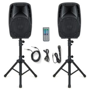 costzon portable 1600w 2-way powered pa speaker system, professional dj speakers with active + passive loud set, 2 stands, microphone, bluetooth, usb/sd card input, fm radio,remote (2-way)