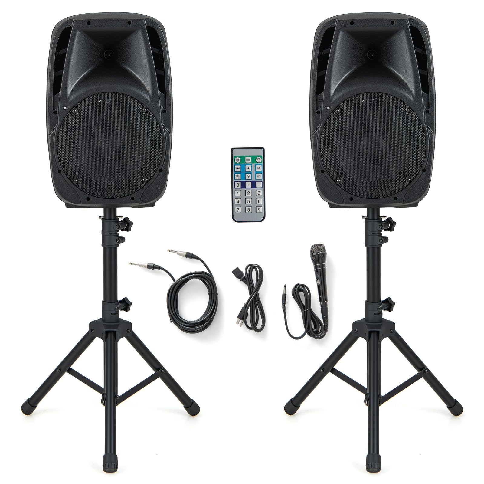 Costzon Portable 1600W 2-Way Powered PA Speaker System, Professional DJ Speakers with Active + Passive Loud Set, 2 Stands, Microphone, Bluetooth, USB/SD Card Input, FM Radio,Remote (2-Way)