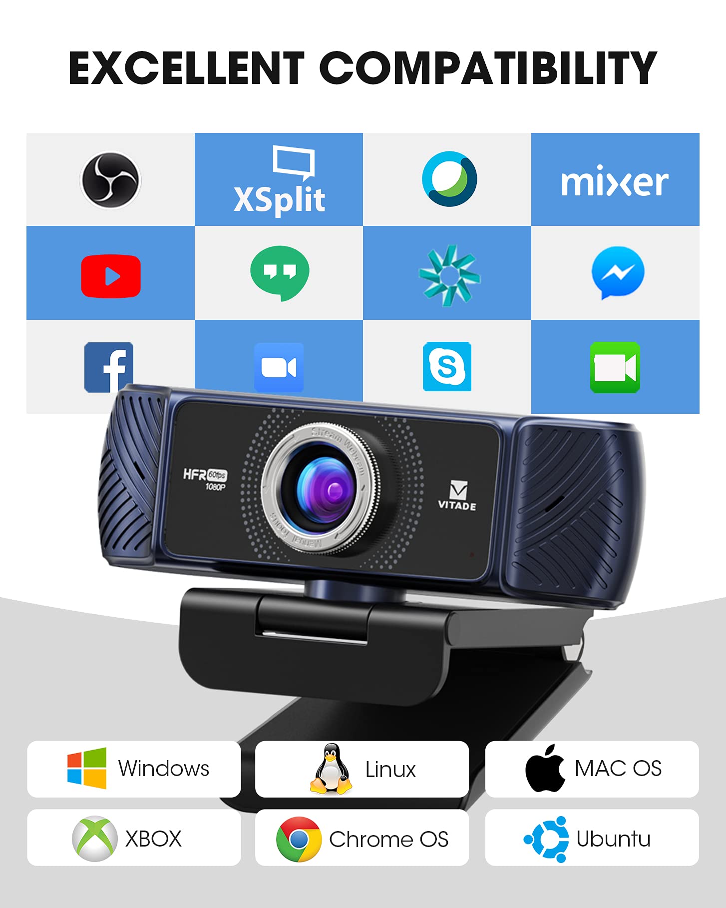 VITADE Webcam 1080P 60fps with Microphone for Streaming, 682H Pro HD USB Computer Web Camera Video Cam for Gaming Conferencing Mac Windows Desktop PC Laptop Xbox Skype OBS Twitch YouTube Xsplit