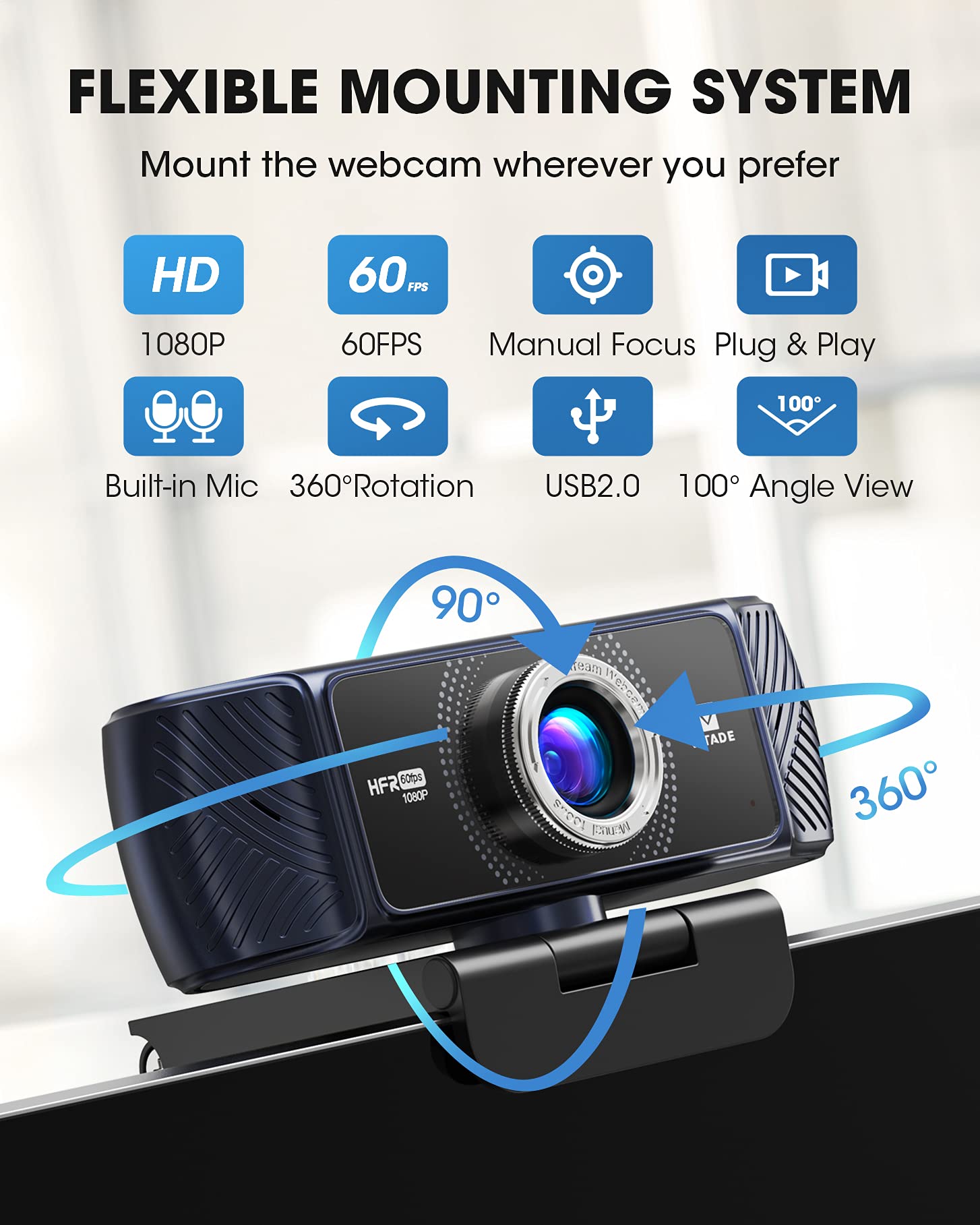 VITADE Webcam 1080P 60fps with Microphone for Streaming, 682H Pro HD USB Computer Web Camera Video Cam for Gaming Conferencing Mac Windows Desktop PC Laptop Xbox Skype OBS Twitch YouTube Xsplit