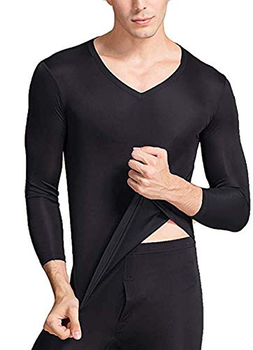 Grenasasilk Men's Silk Long Johns Mulberry Silk Long Underwear V-Neck Breathable Thermal Underwear Sets & Undergarments (XL, Black)