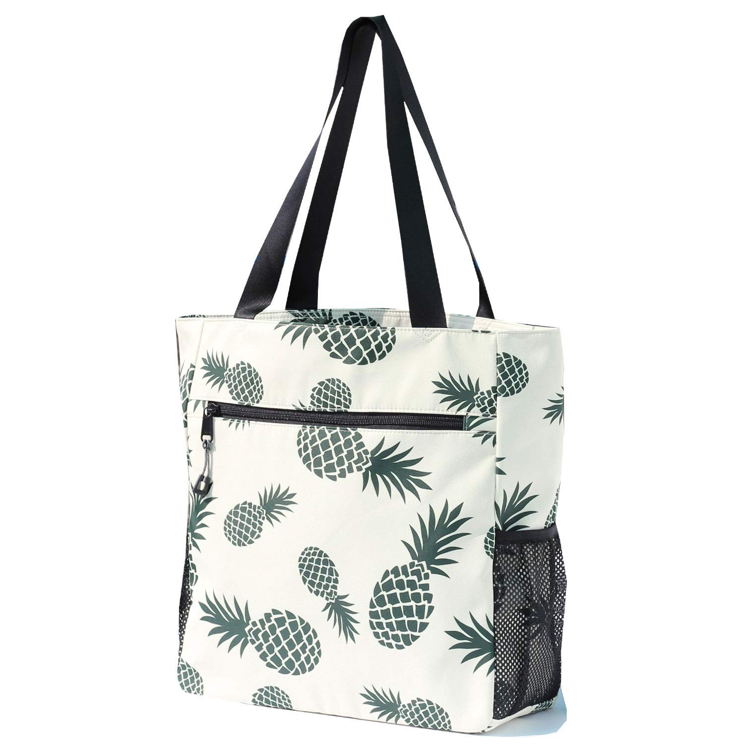 ESVAN Original Water Resistant Large Tote Bag for Gym Beach Travel, Upgraded, White, Pineapple