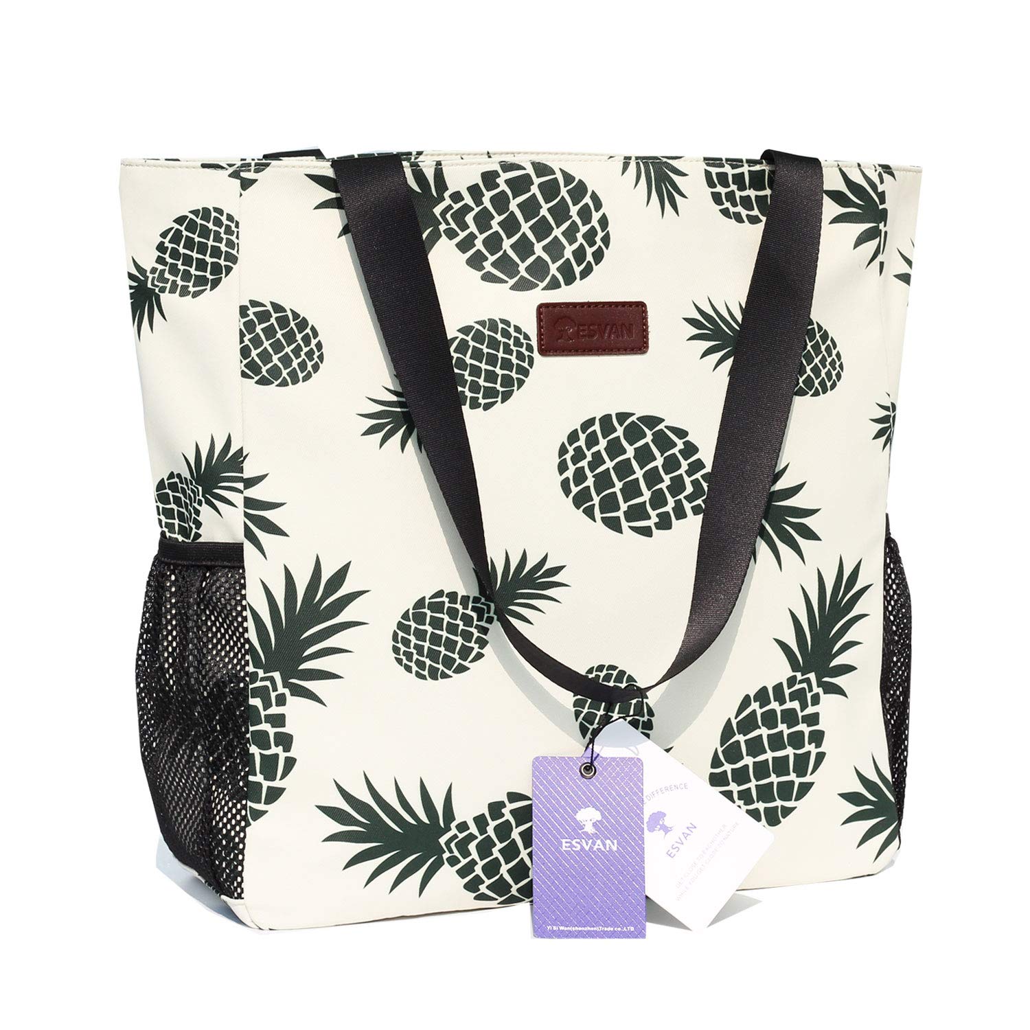 ESVAN Original Water Resistant Large Tote Bag for Gym Beach Travel, Upgraded, White, Pineapple