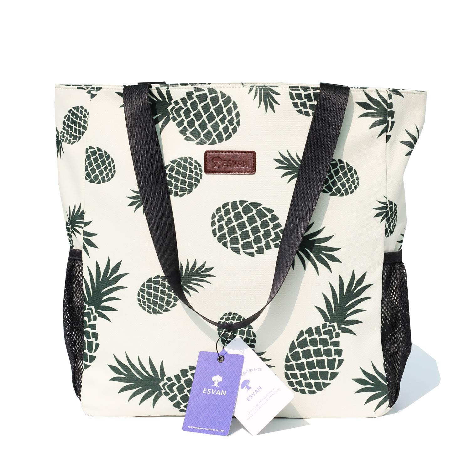 ESVAN Original Water Resistant Large Tote Bag for Gym Beach Travel, Upgraded, White, Pineapple