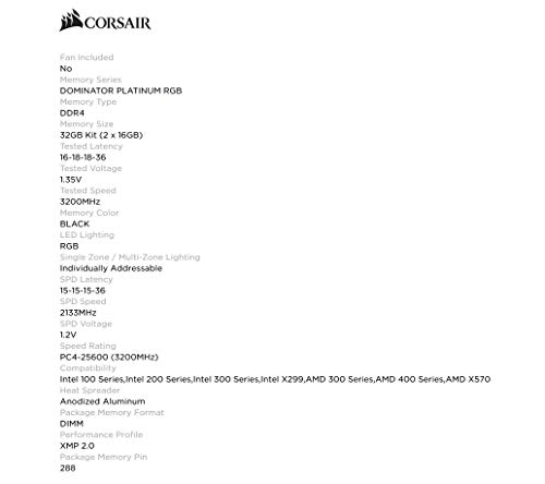 Corsair Dominator Platinum RGB 32GB (2x16GB) DDR4 3200 (PC4-25600) C16 1.35V Desktop Memory