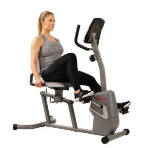 sunny health & fitness magnetic recumbent exercise bike with easy adjustable seat, device holder, rpm and pulse rate monitoring | sf-rb4806, grey