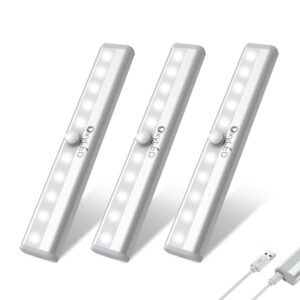 oxyled under cabinet lights, 10 led rechargeable motion sensor closet lights indoor, 3 pack wireless magnetic stick-on cordless night light bar, under counter lights for kitchen, stairs, hallway