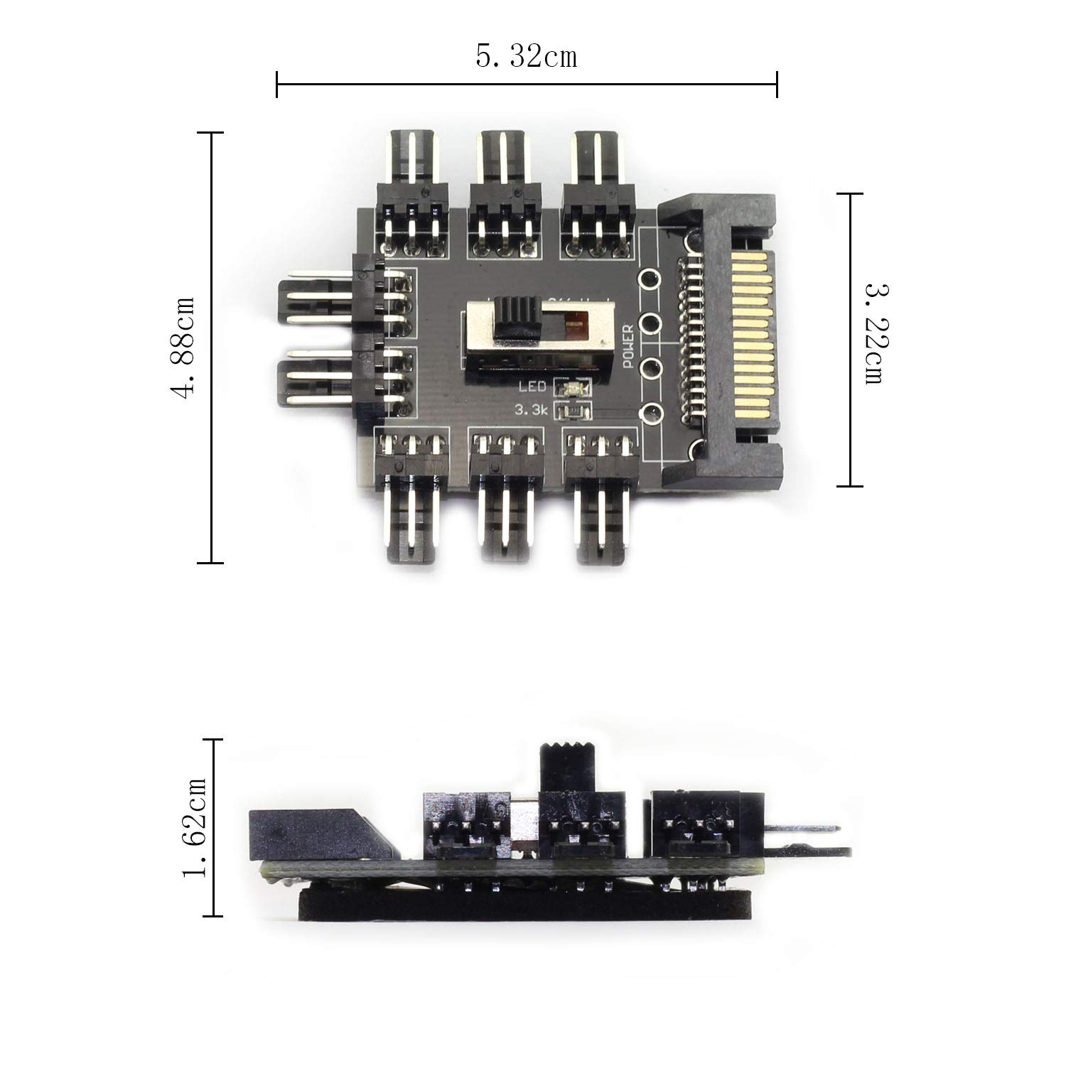 Maxmoral 1-Pack 8 Way PC Fan Hub 3Pin Computer Cooling Fan 2 Level Speed Controller PCB Adapter SATA 1 to 8 Multi Way Splitter