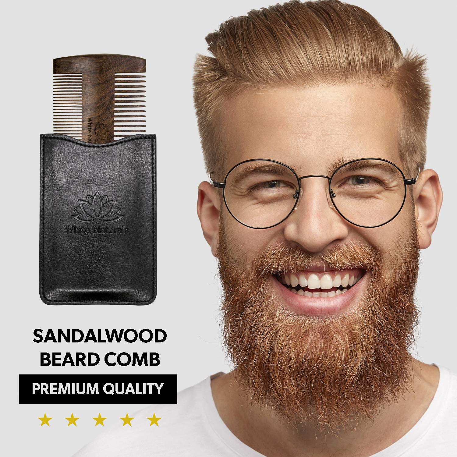 Beard Comb for Men, Wooden Natural Sandalwood, Fine Dual Action Teeth Beard Comb, Handmade Premium Sandal Wood, Fine & Coarse Tooth Perfect for Balms and Oils, Includes PU Leather Case, Pocket Size