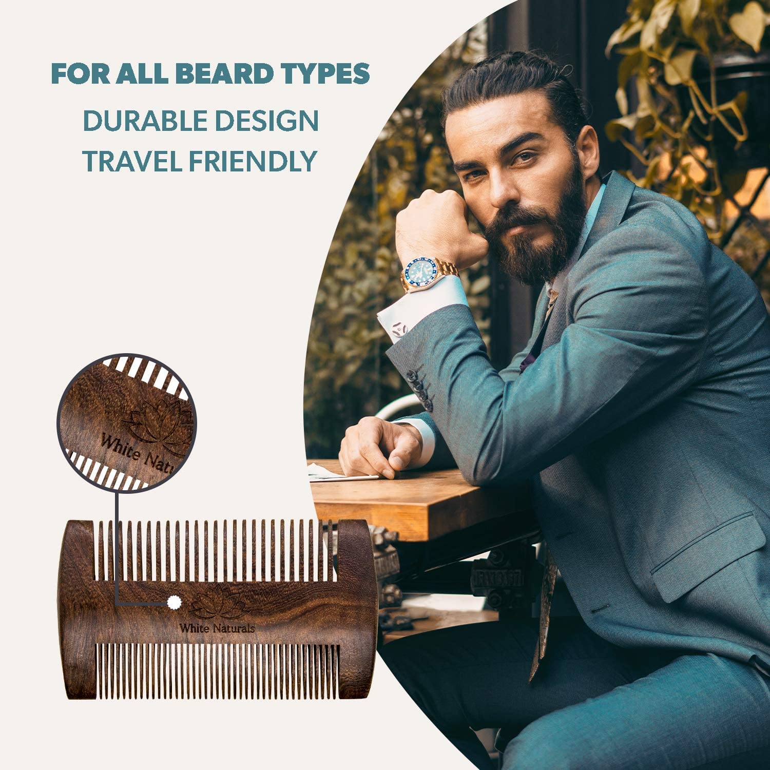 Beard Comb for Men, Wooden Natural Sandalwood, Fine Dual Action Teeth Beard Comb, Handmade Premium Sandal Wood, Fine & Coarse Tooth Perfect for Balms and Oils, Includes PU Leather Case, Pocket Size