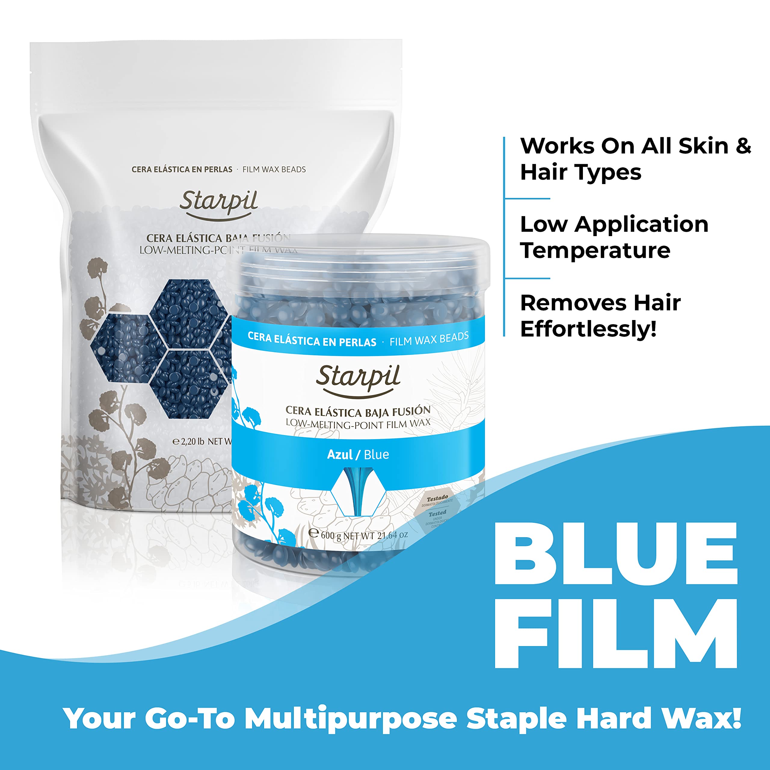 Starpil Wax 600g / 1.3 lb Blue Hard Wax Beads for Painless Hair Removal, Stripless Wax Beads, Polymer Blend Low Temperature Wax for Face, Bikini, Brazilian, Legs, Underarm, Back and Chest