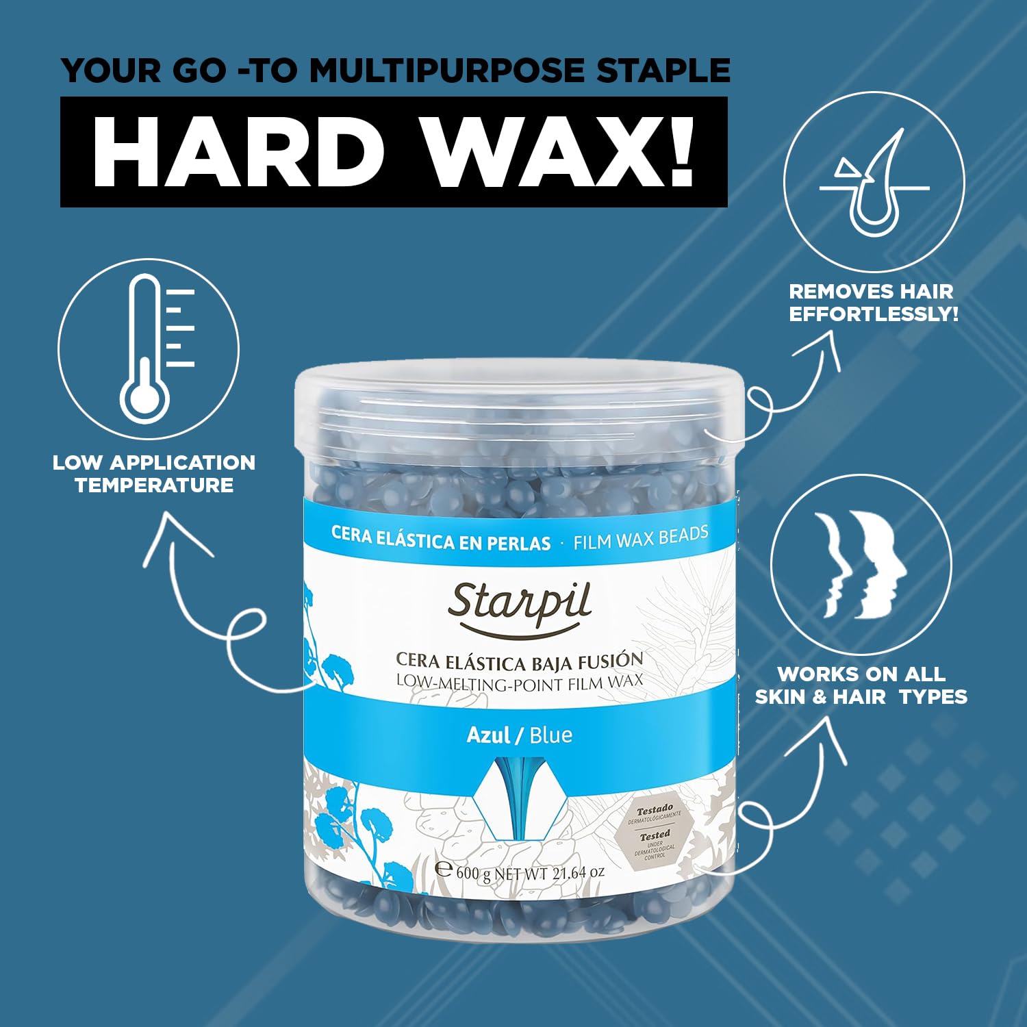 Starpil Wax 600g / 1.3 lb Blue Hard Wax Beads for Painless Hair Removal, Stripless Wax Beads, Polymer Blend Low Temperature Wax for Face, Bikini, Brazilian, Legs, Underarm, Back and Chest