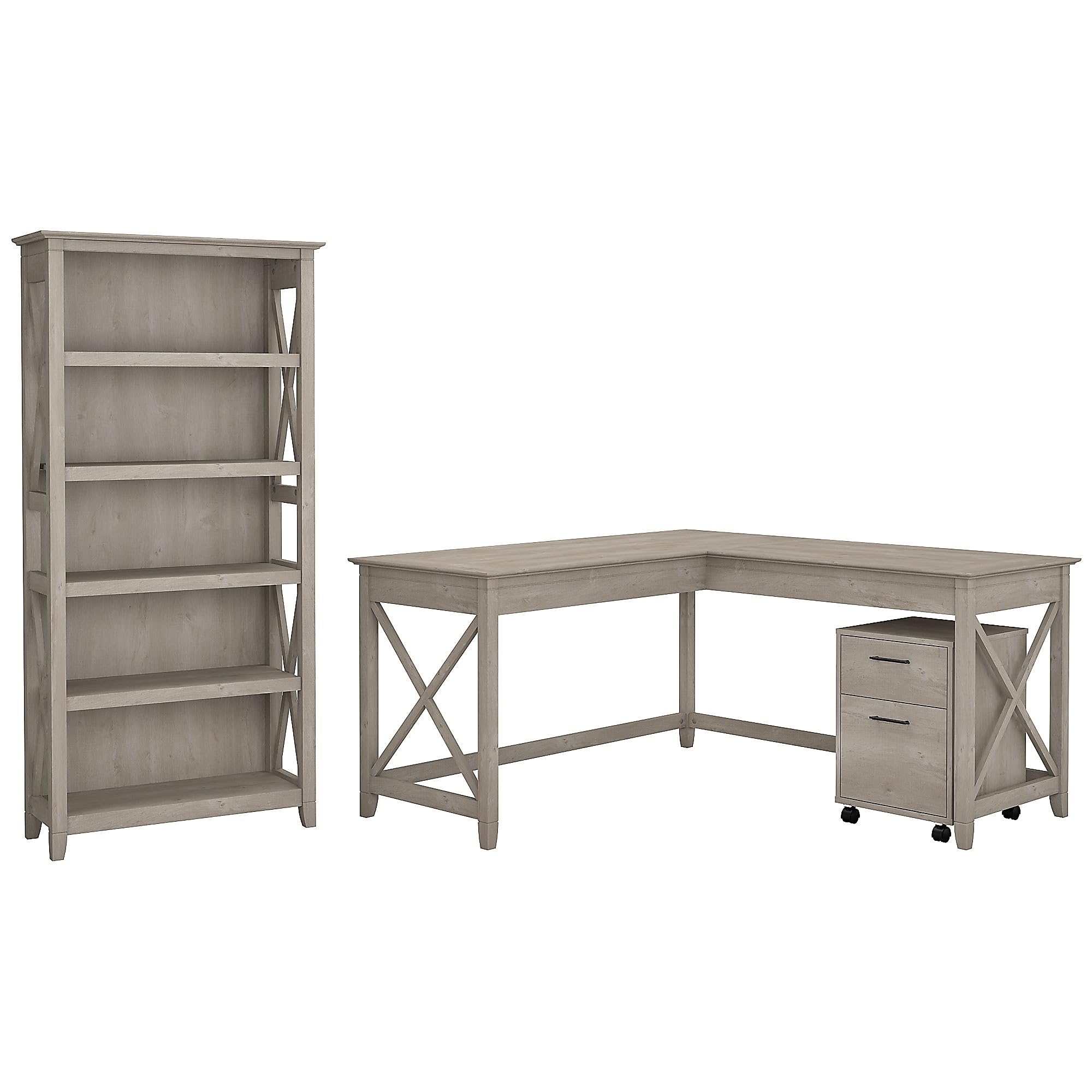 Bush Furniture Key West 60W L Shaped Desk with 2 Drawer Mobile File Cabinet and 5 Shelf Bookcase in Washed Gray