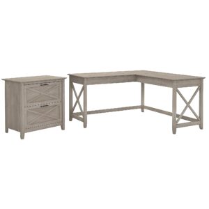 bush furniture key west 60w l shaped desk with 2 drawer lateral file cabinet in washed gray