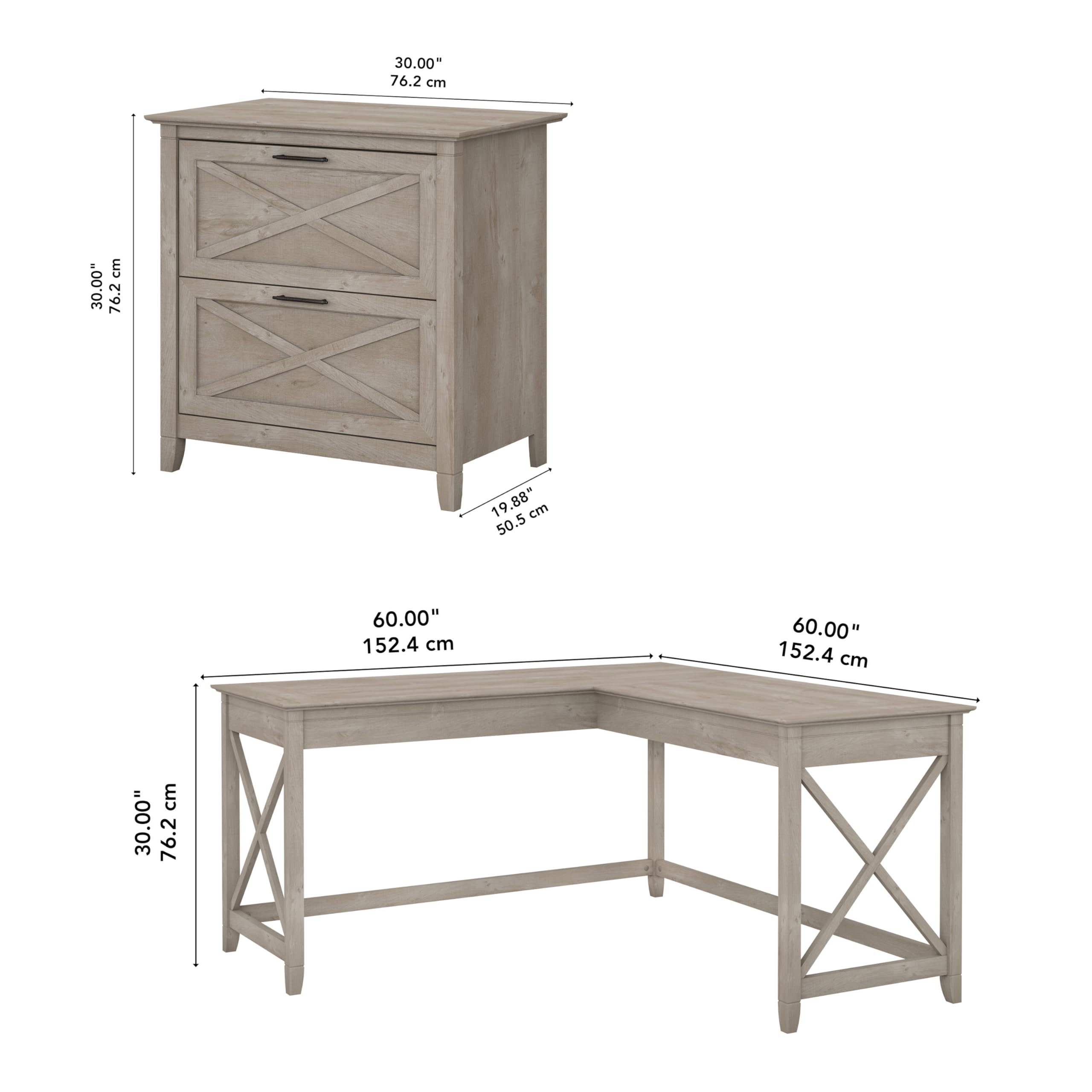 Bush Furniture Key West 60W L Shaped Desk with 2 Drawer Lateral File Cabinet in Washed Gray