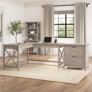 Bush Furniture Key West 60W L Shaped Desk with 2 Drawer Lateral File Cabinet in Washed Gray