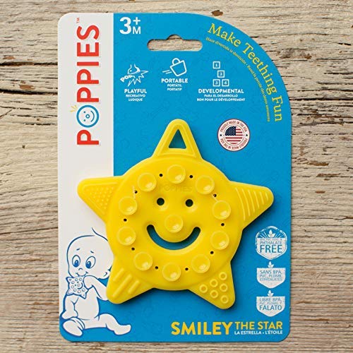 POPPIES Smiley The Star BPA-Free Silicone Suction Cup Teether, Sensory, Bath Toy (Yellow)