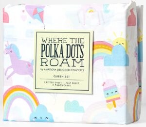 where the polka dots roam rainbow and unicorn 3 pieces twin bed sheet set |super soft premium bedding for kids room décor, bedding set for girls, 1 fitted sheet, 1 flat sheet and 1 pillowcase